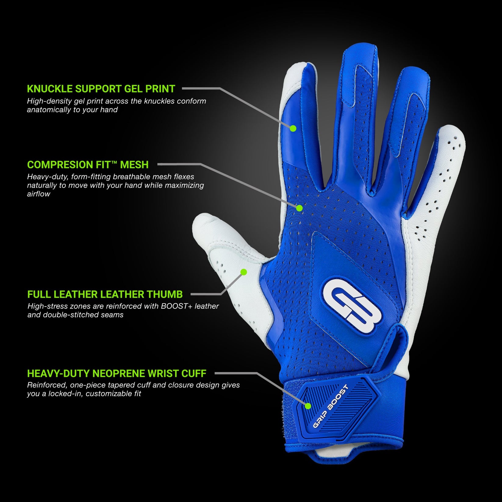 Blue Batting Gloves | High Tack Leather Batting Gloves | Grip Boost