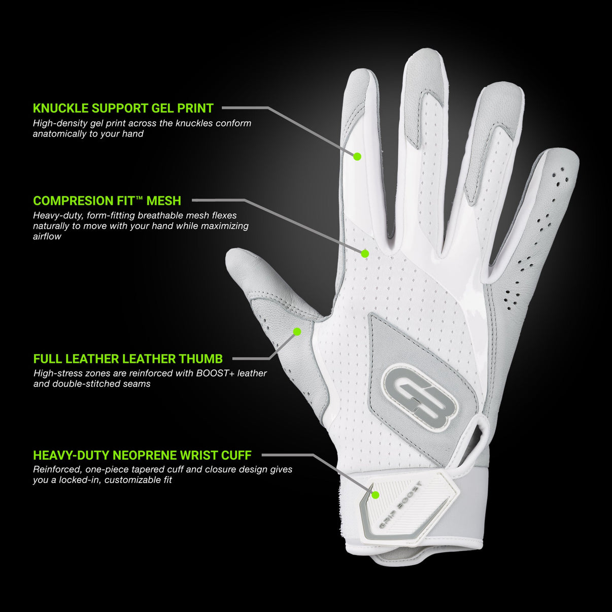 Leather Batting Gloves White | Loaded Baseball Gloves | Grip Boost