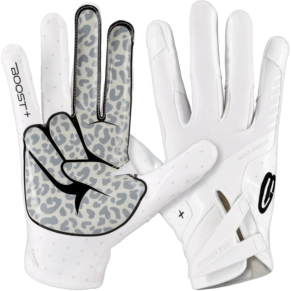 White/Black Stealth 6 Boost+ Gloves | Sticky Football Gloves | Grip Boost